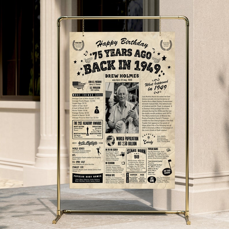 75th Birthday Poster, 1949 Vintage Photo Poster, Poster Board for 75th ...
