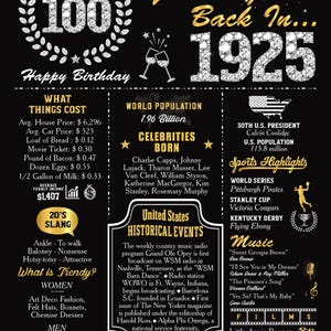 100th Milestone Birthday Poster, Poster Back in 1925, 100th Anniversary ...