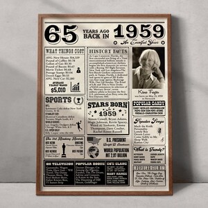 Custom 65th Birthday Poster, Back in 1959 Sign, Gift Idea for Him, 1959 ...