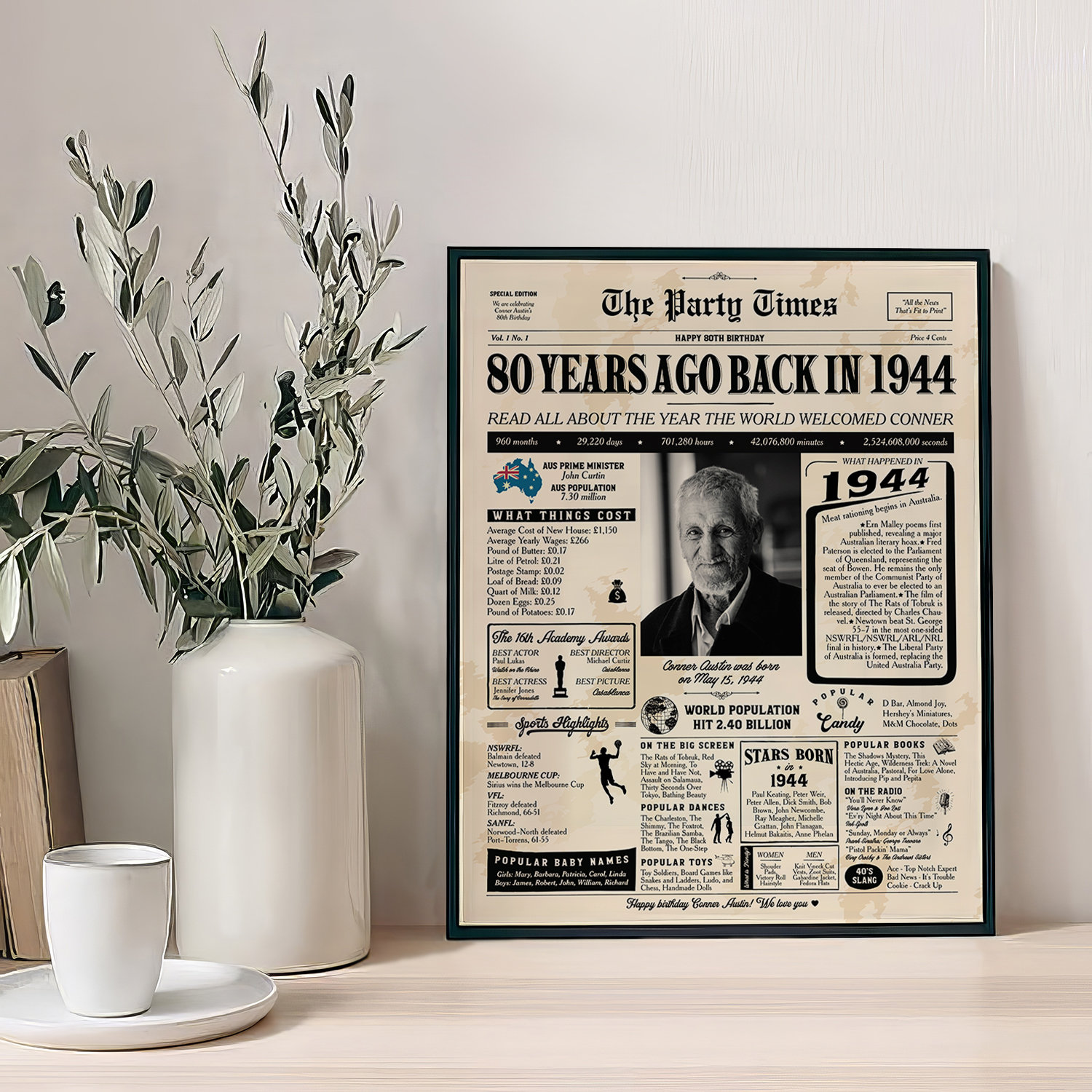 1944 AUSTRALIA Poster, Custom 80th Birthday Poster, 80th Anniversary ...