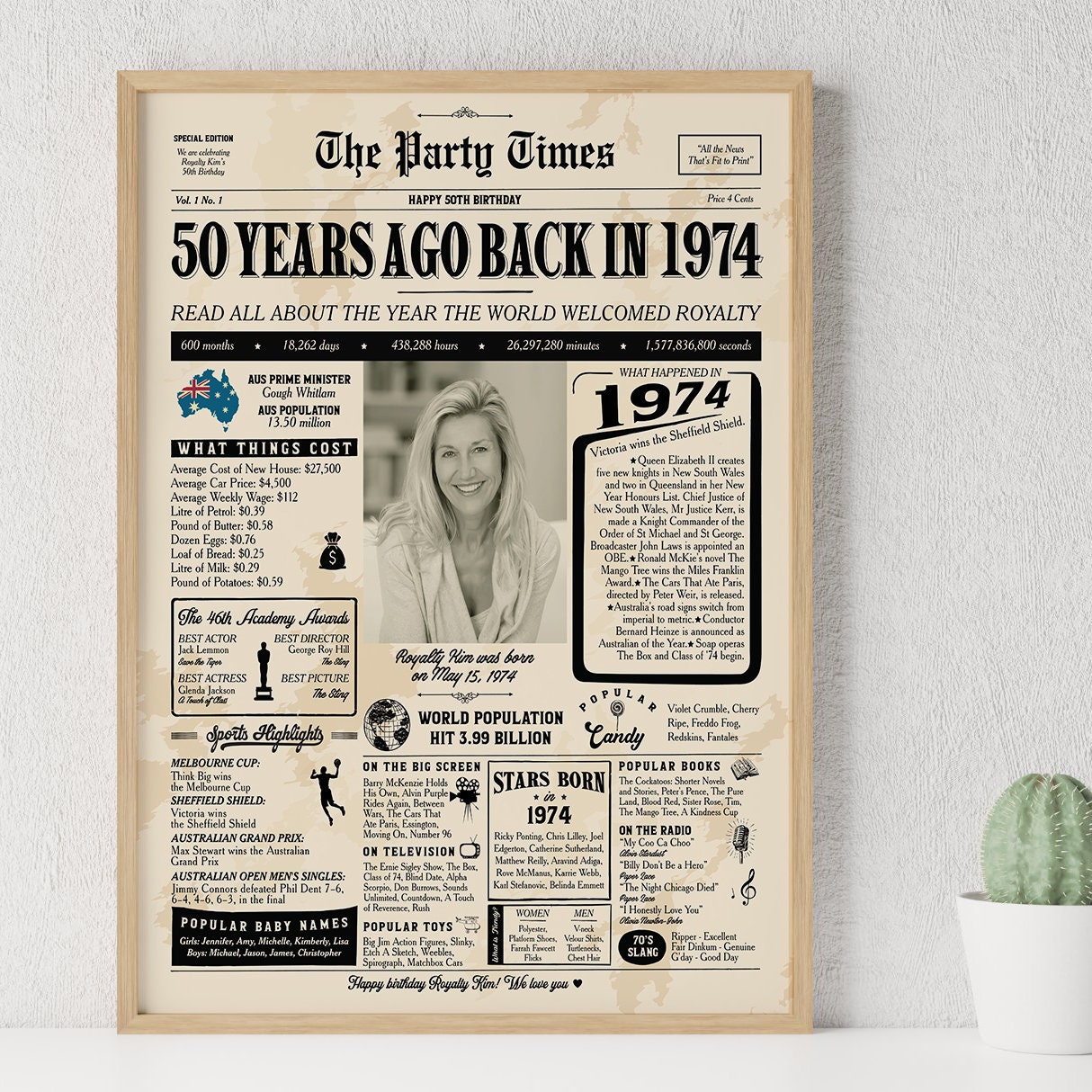 AUSTRALIA Back in 1974, 50th Birthday Newspaper Sign, 1974 Photo Poster ...