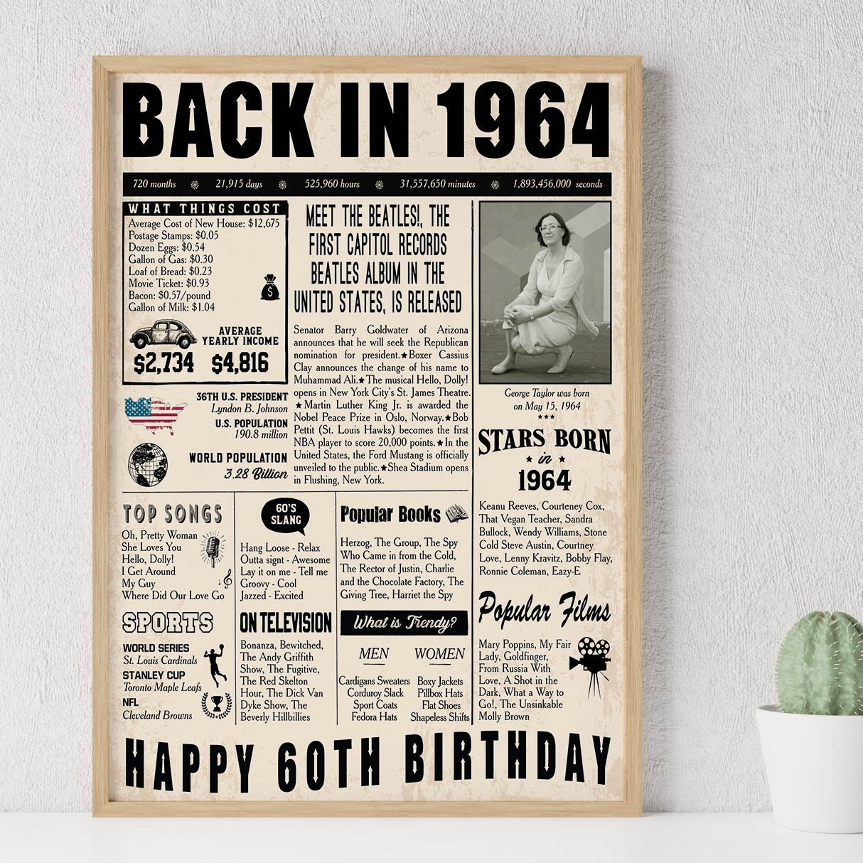 1964 Sign Board, Personalized 60th Birthday Poster, Back in 1964 Poster ...