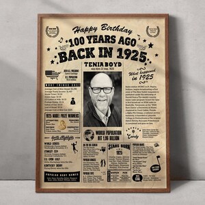 100th Birthday Poster, Back in 1925 Poster, 100th Anniversary Gift ...