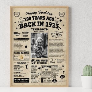 100th Birthday Poster, Back in 1925 Poster, 100th Anniversary Gift ...
