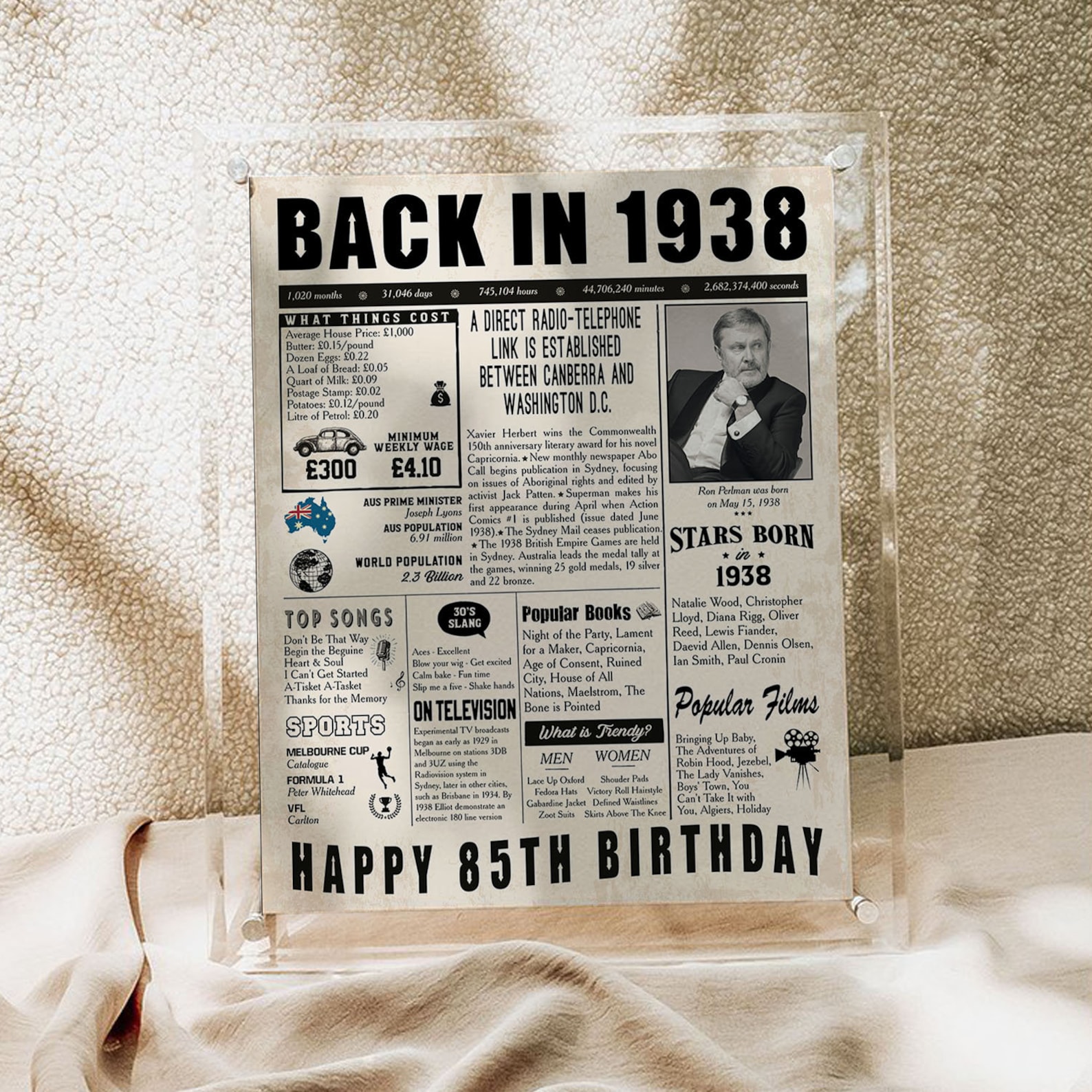 AUSTRALIA 1938 Year in Review, Custom 85th Birthday Poster, Birthday ...