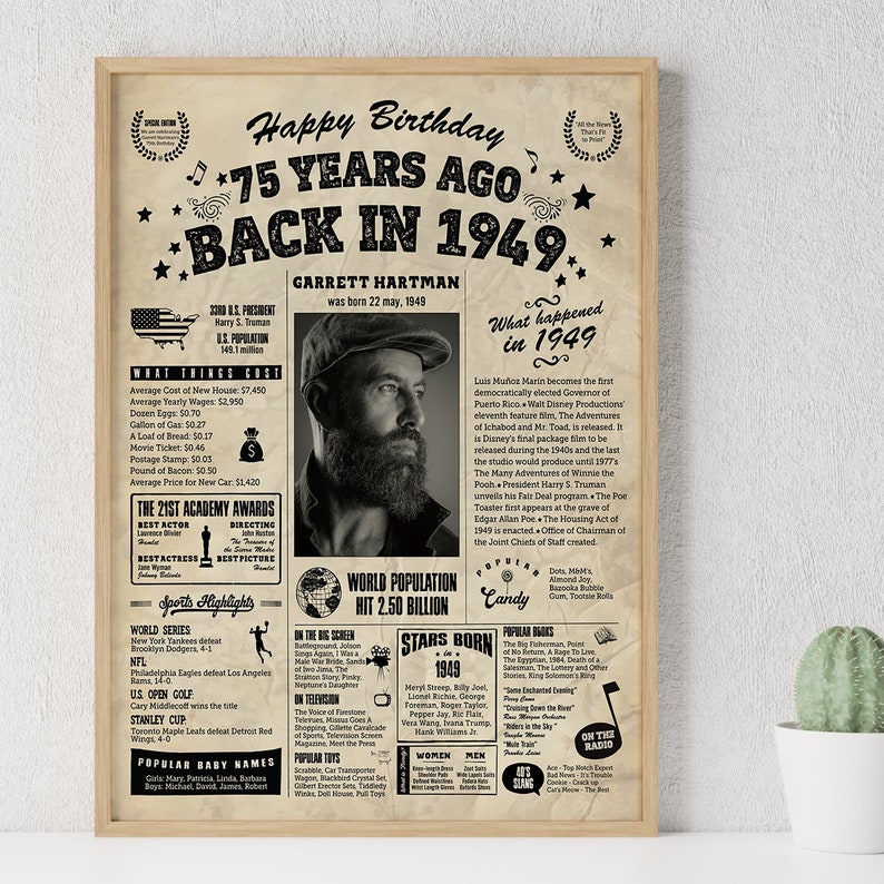 75th Birthday Poster, 1949 Vintage Photo Poster, Poster Board for 75th ...