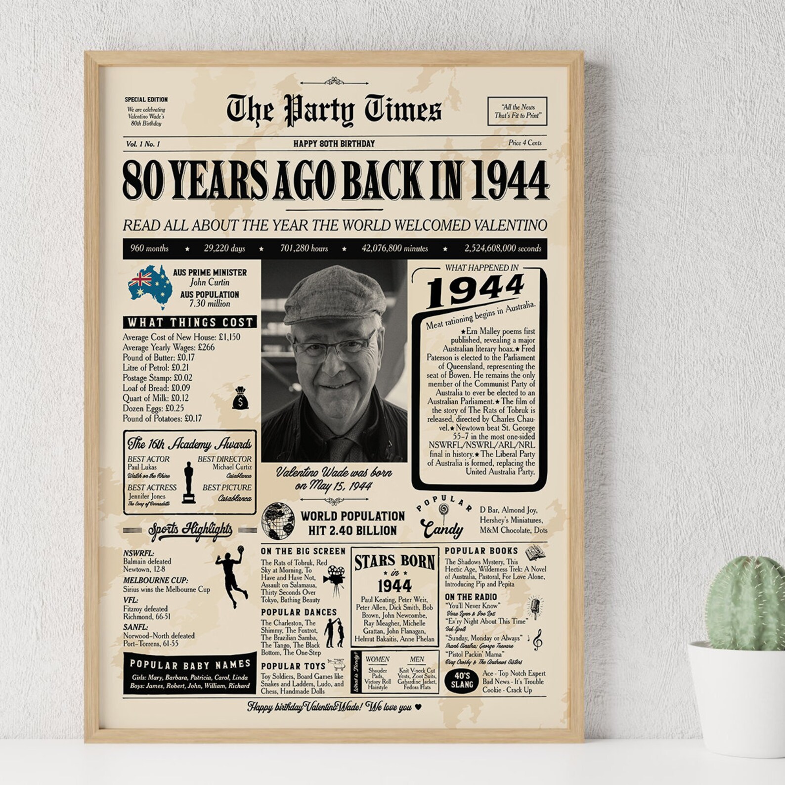 1944 AUSTRALIA Poster, Custom 80th Birthday Poster, 80th Anniversary ...