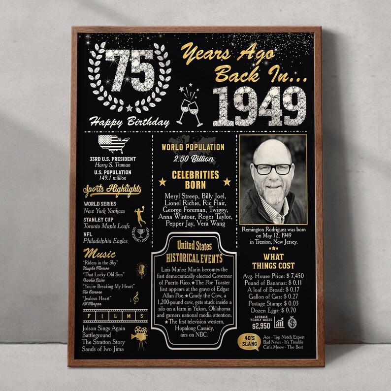 75th Birthday Poster, 1949 Vintage Photo Poster, Poster Board for 75th ...