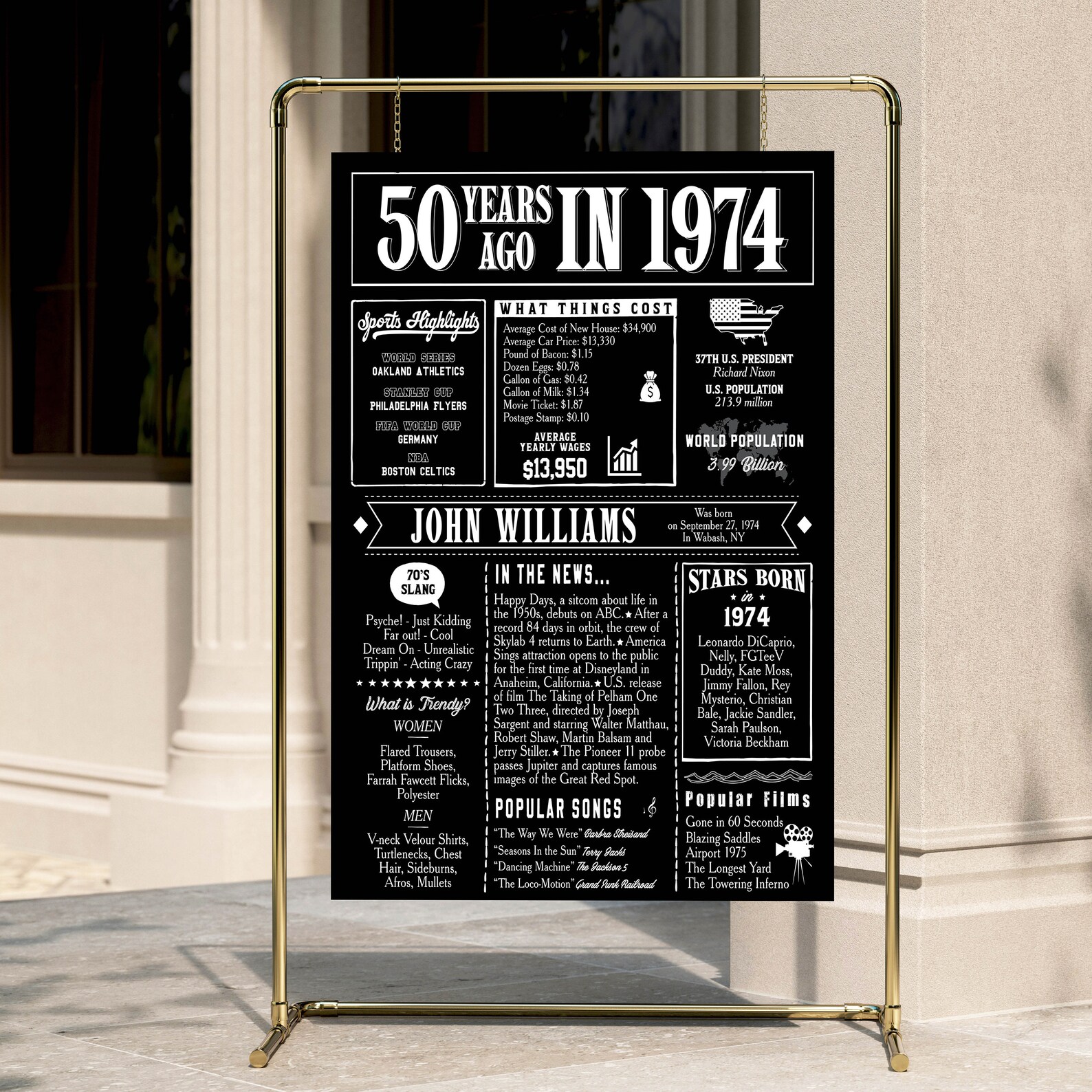 Custom 50th Birthday Poster, 50 Year Ago Poster, Anniversary Gift for Her, 1974 Board Facts ...
