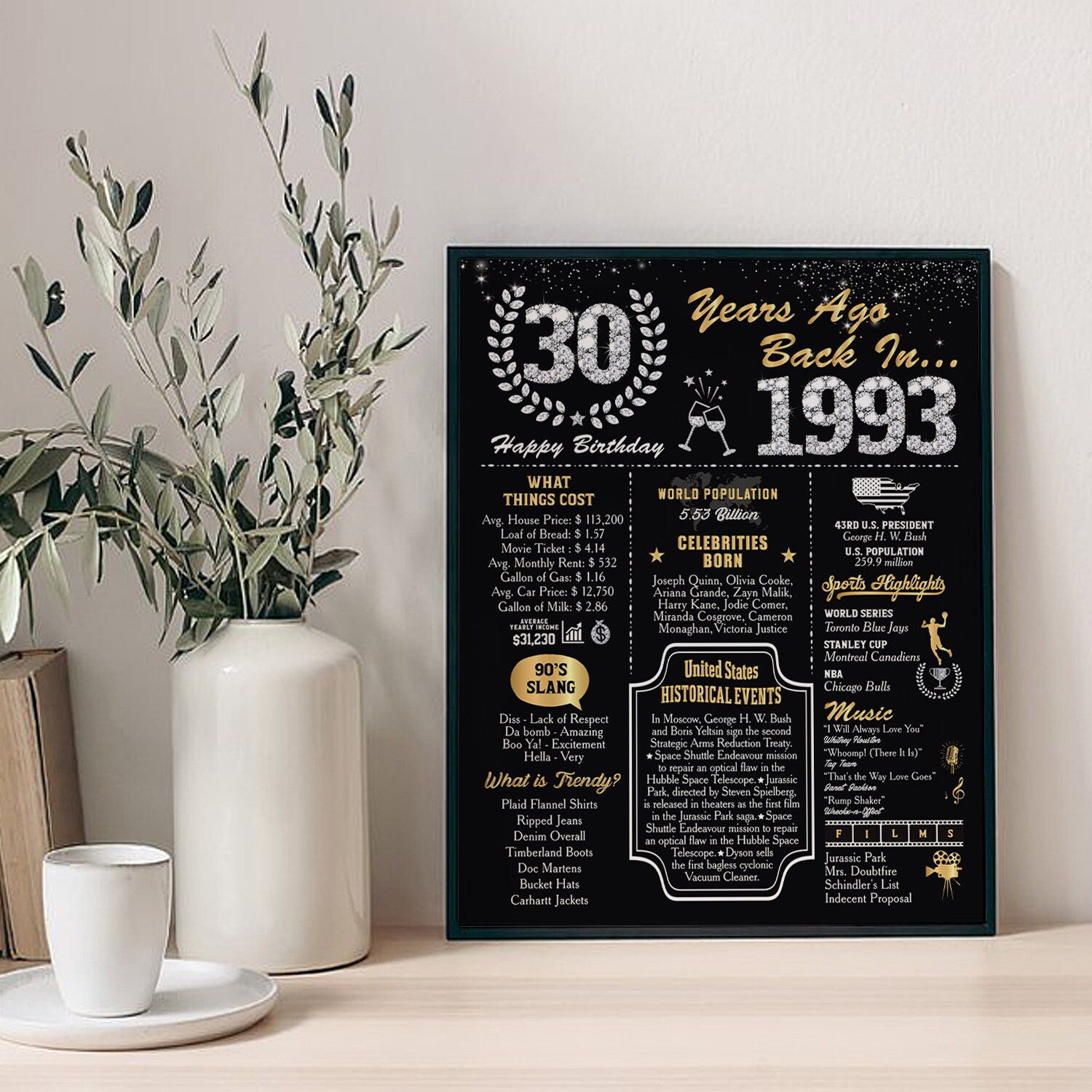 30th Birthday Poster 30th Anniversary Sign 1993 Fun Facts - Etsy