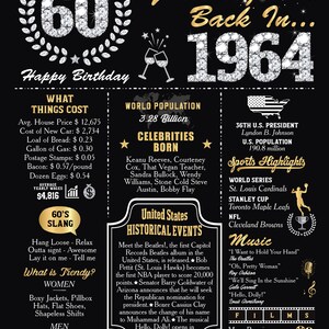 60th Anniversary Poster, 60th Chalkboard Sign, 1964 Facts Poster, 1964 ...