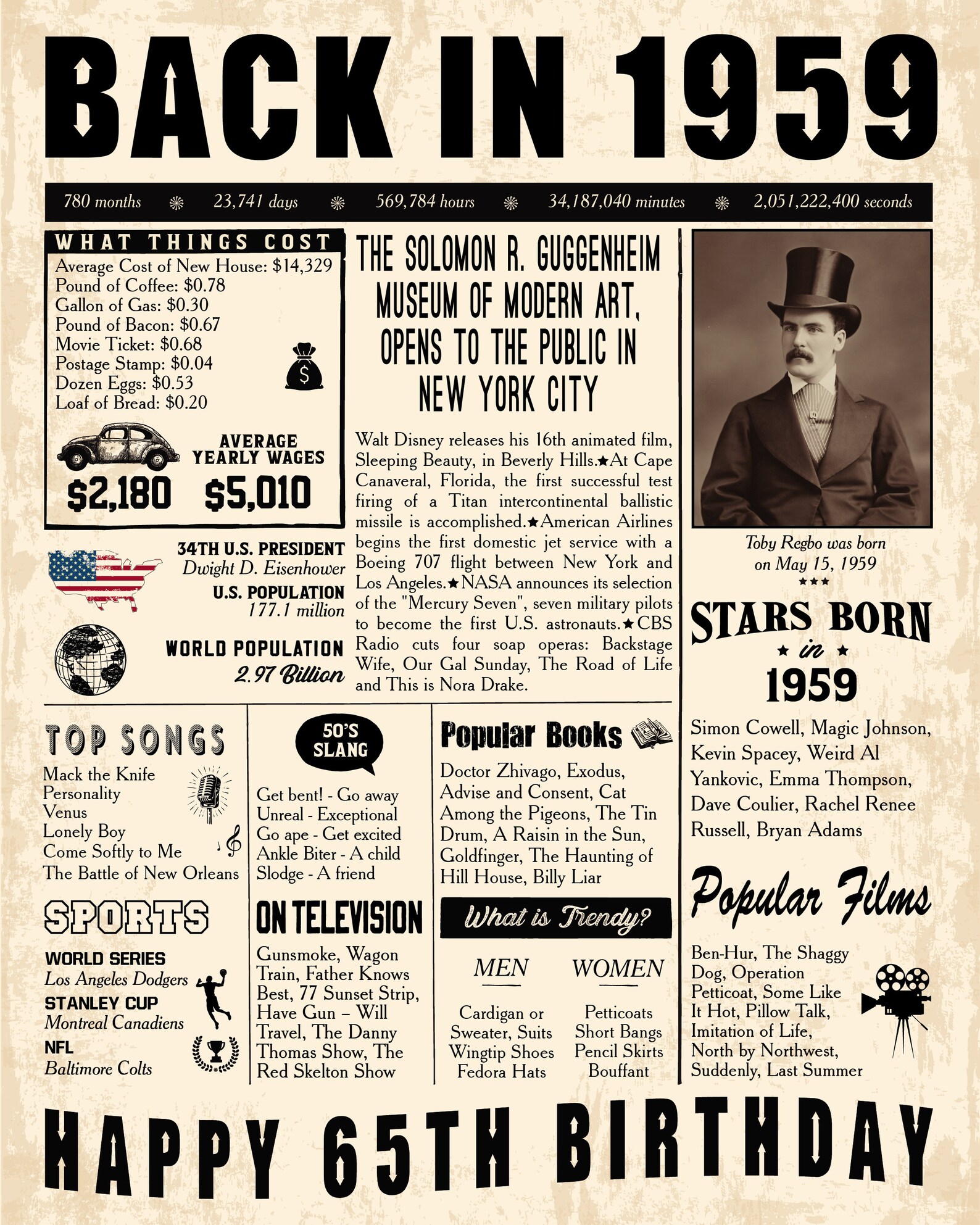 1959 Vintage Sign, Custom 65th Birthday Poster, Born in 1959, Gift for ...