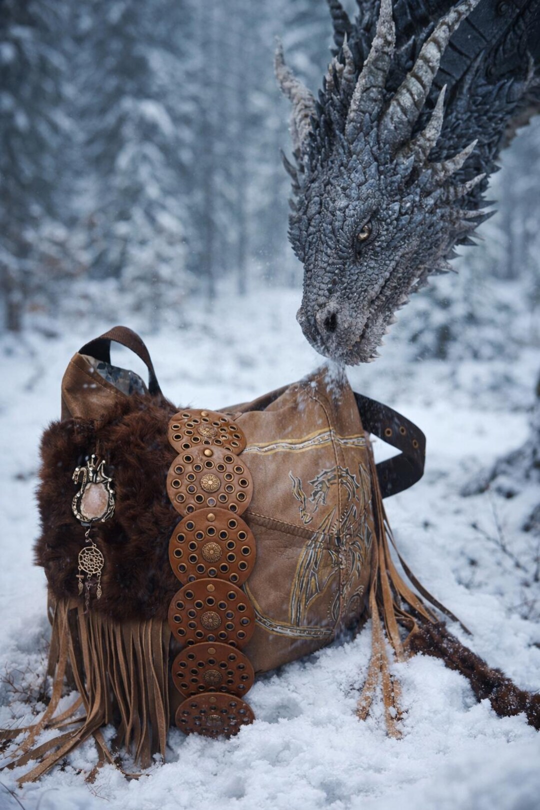 Handmade OOAK Boho Artisan Brown Leather and Fur Fringed Fairy Tale ...