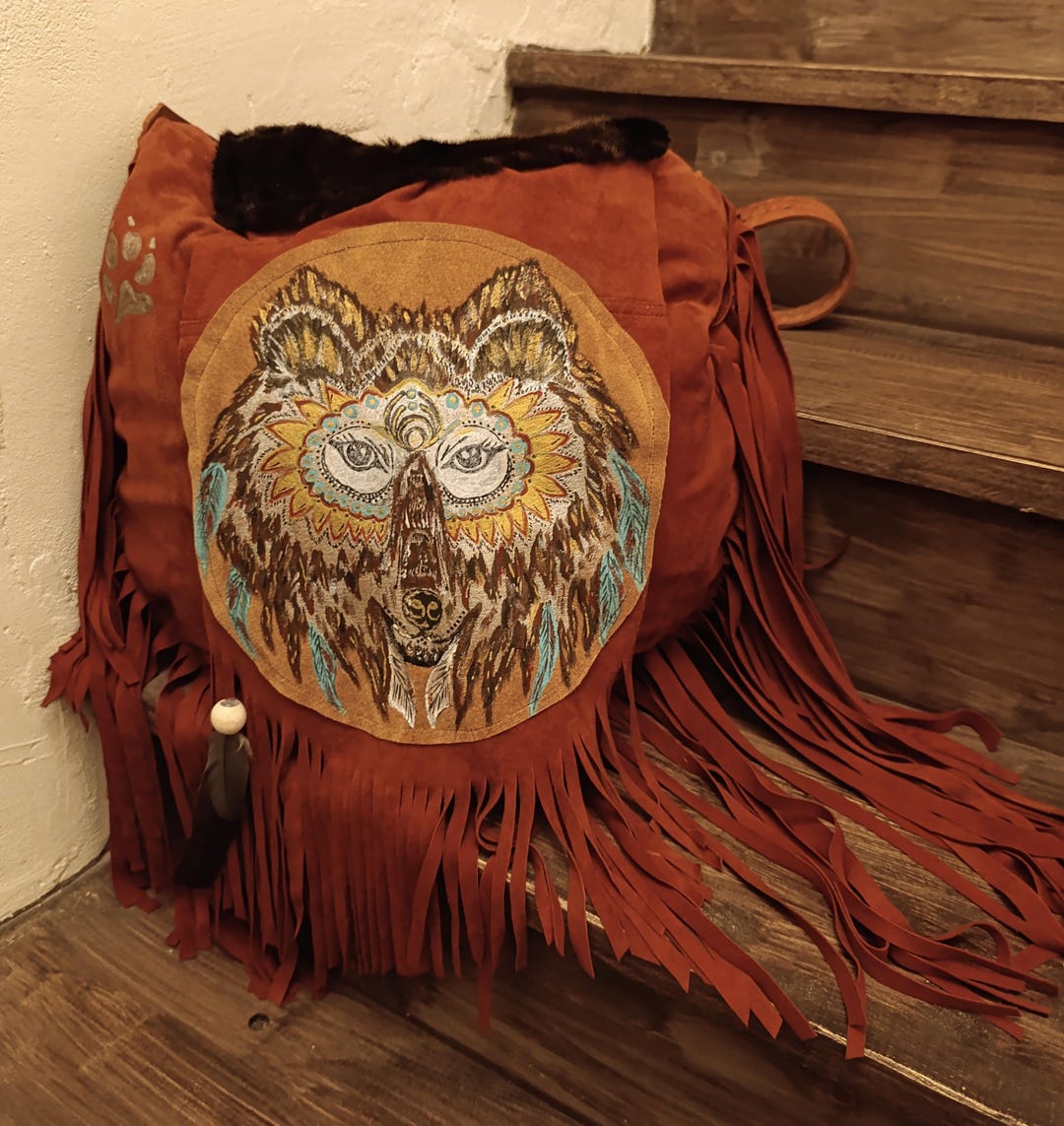 Very Cool Handmade Hand Painted Wolf Rusty Leather Fringe Festival ...
