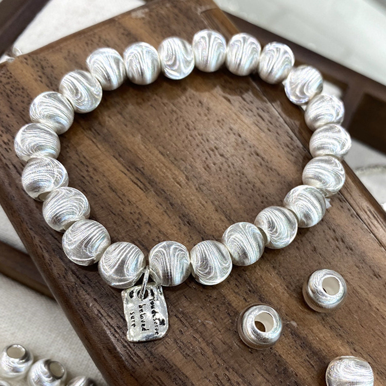 925 Sterling Silver Beads for Jewelry Making, Cat Eye Opal Pattern ...