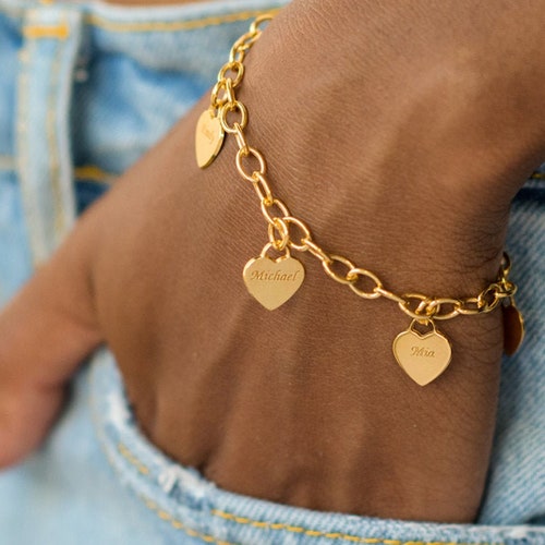Personalized Bangle Bracelet Engraved Hearts Charms Pendants - Etsy
