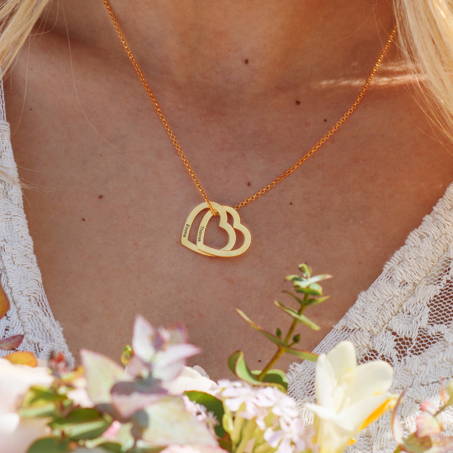 Custom Engraved Two Interlocking Hearts Gold Pendant Necklace - Etsy