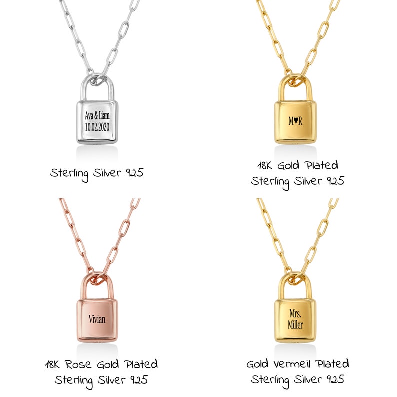 Engraved Padlock Charm Link Chain Necklace Gold Silver 925 ...