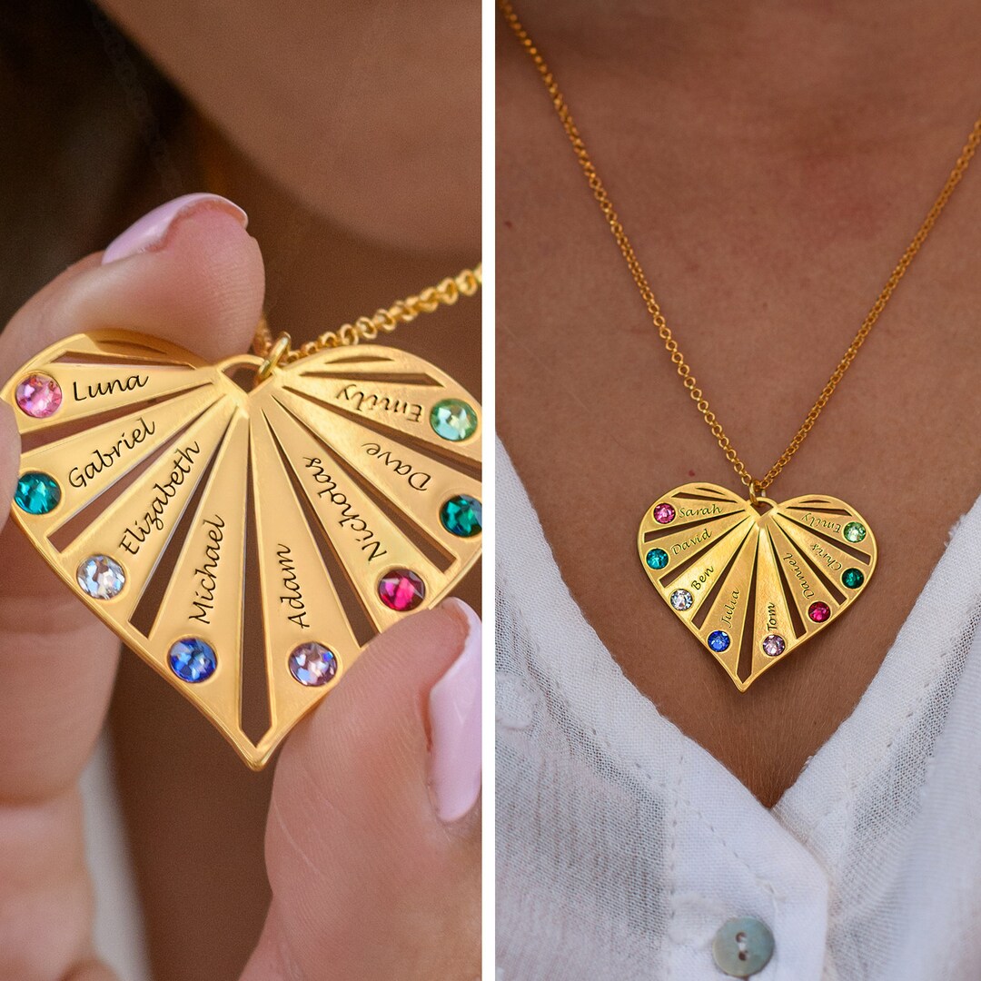 Personalized Engraved Heart Family Necklace With Birthstones in Gold ...