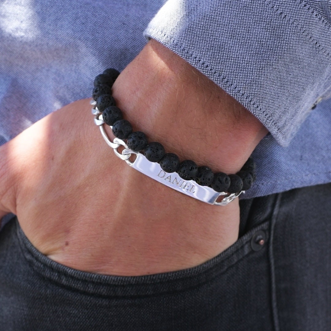 Engraved Men's Sterling Silver ID Bracelet • Personalized Minimalist ...