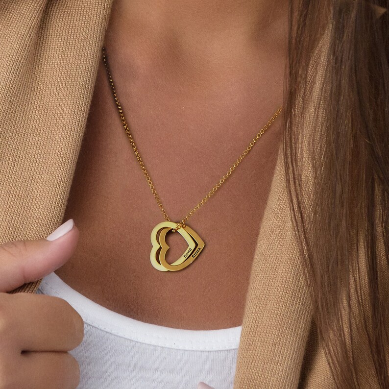 Custom Engraved Two Interlocking Hearts Gold Pendant Necklace - Etsy
