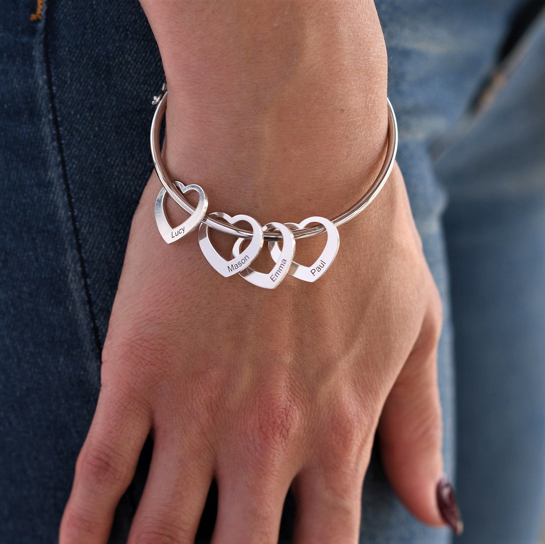 Personalized Heart Charms Bangle Bracelet • Dainty Cuff Bracelet With ...