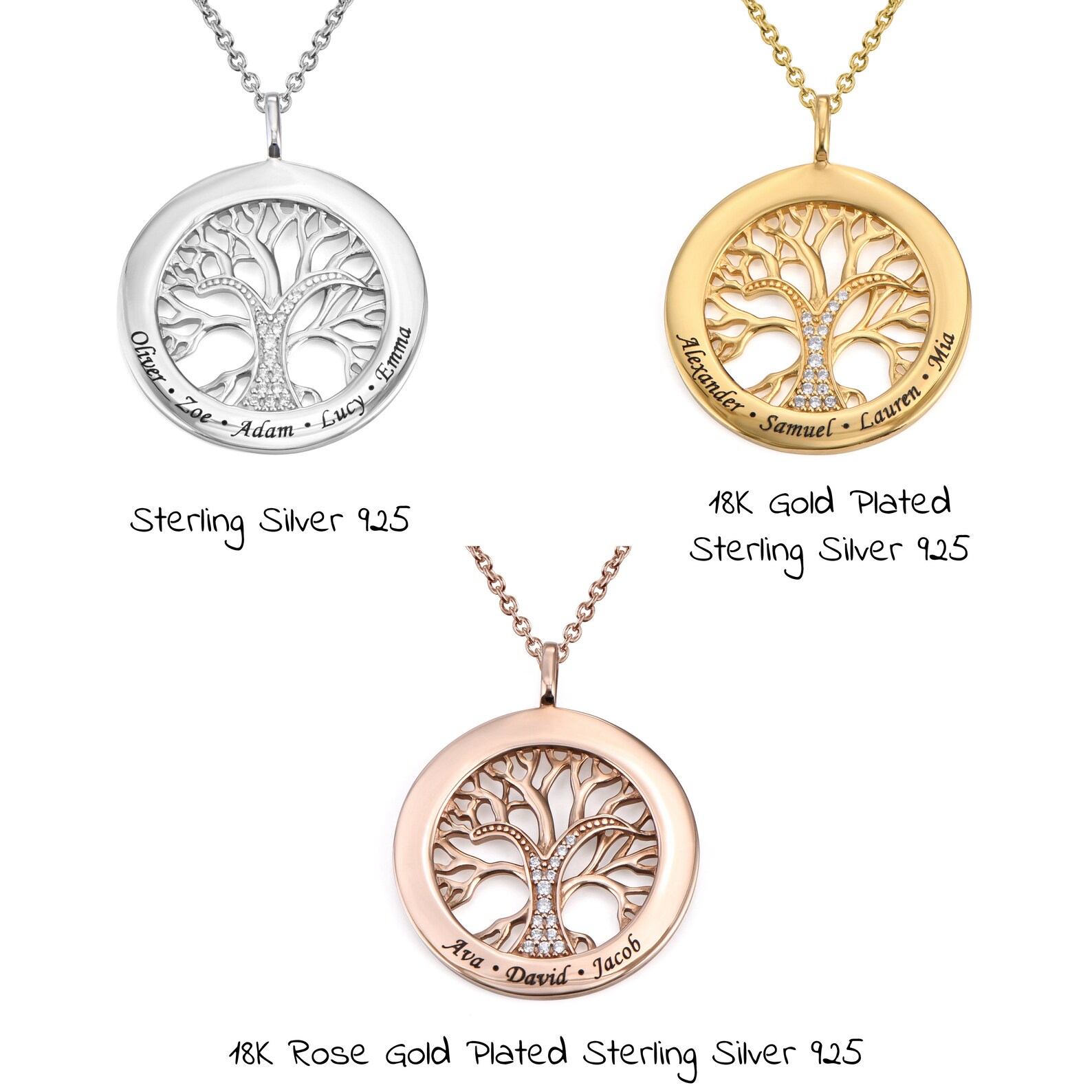 Custom Made Silver Family Tree Circle Pendant Necklace With Cubic ...