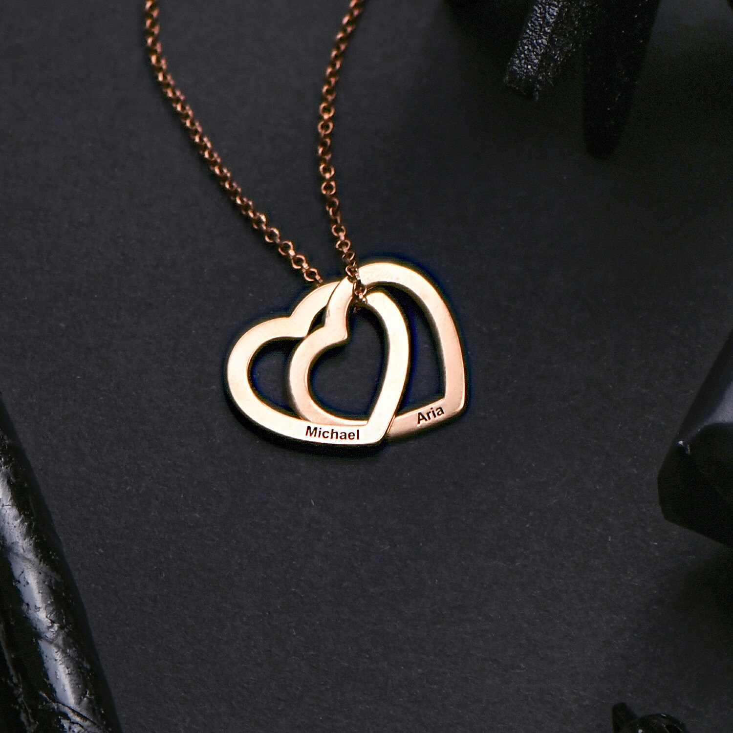 Personalized Two Interlocking Hearts Pendant Necklace Rose Gold ...