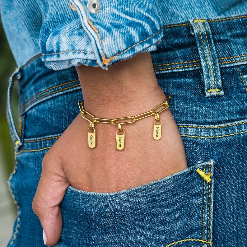 Link Charm Bracelet Engraved Tag Pendant With Diamonds • Personalized ...