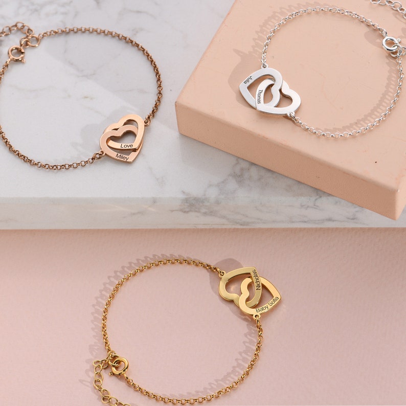 Personalized Engraved Interlocking Adjustable Two Hearts Bracelet ...