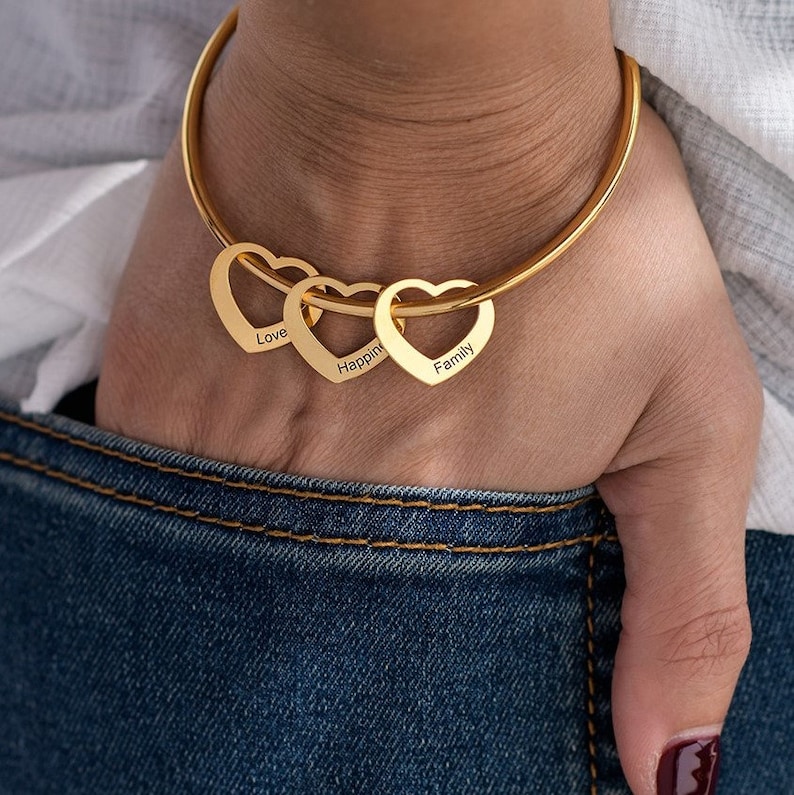 Custom Made Engraved Heart Charm for Bangle Bracelet in 18K | Etsy