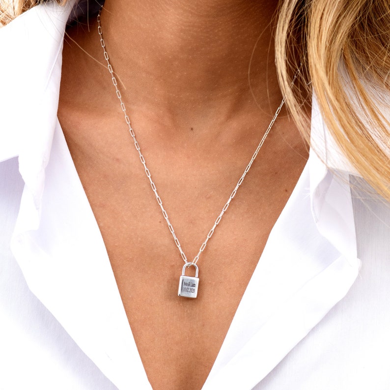 Engraved Padlock Charm Link Chain Necklace Gold Silver 925 ...