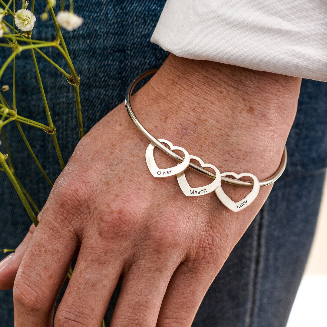 Personalized Bangle Bracelet With Heart Shape Pendants • Engraved Any ...
