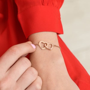 Custom Engraved Interlocking Adjustable Two Hearts Women's Bracelet ...