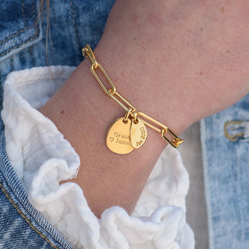 Link Chain Charm Bracelet Engraved Drop Pendant Personalized - Etsy