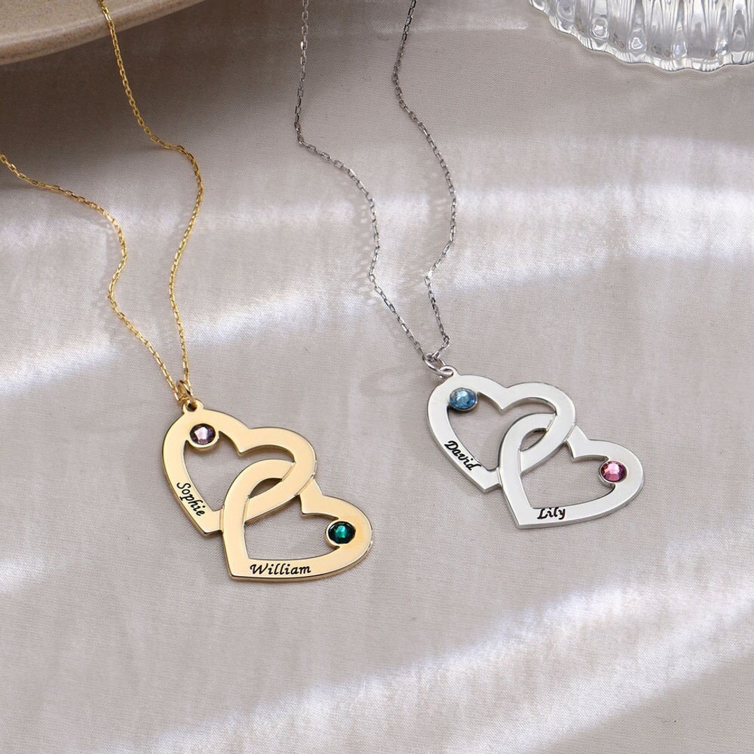 Custom-made Engraved Birthstone Women's Heart in Heart Necklace ...