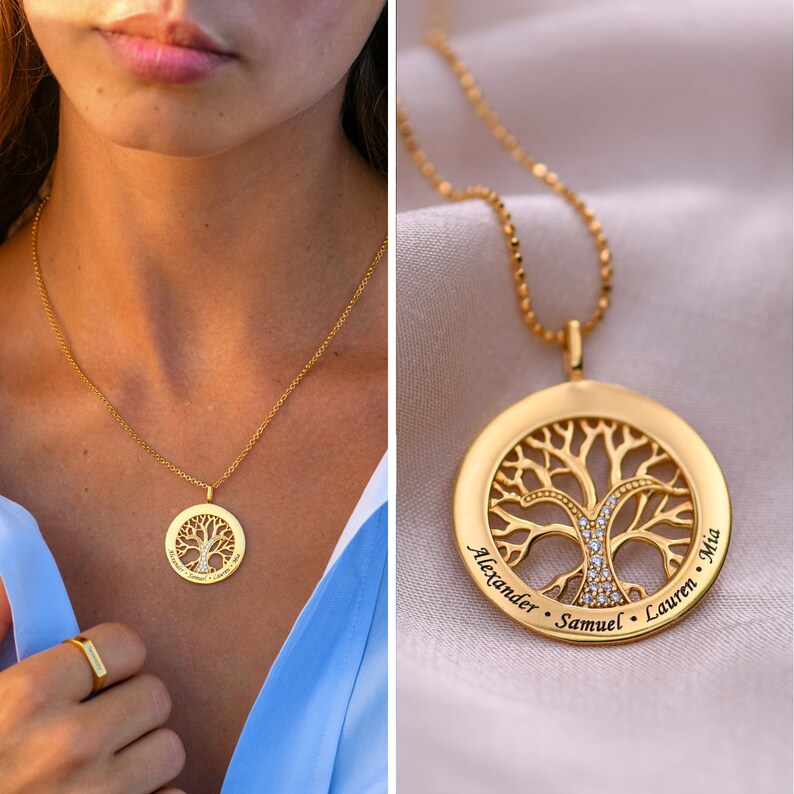 Custom Made Silver Family Tree Circle Pendant Necklace With Cubic ...