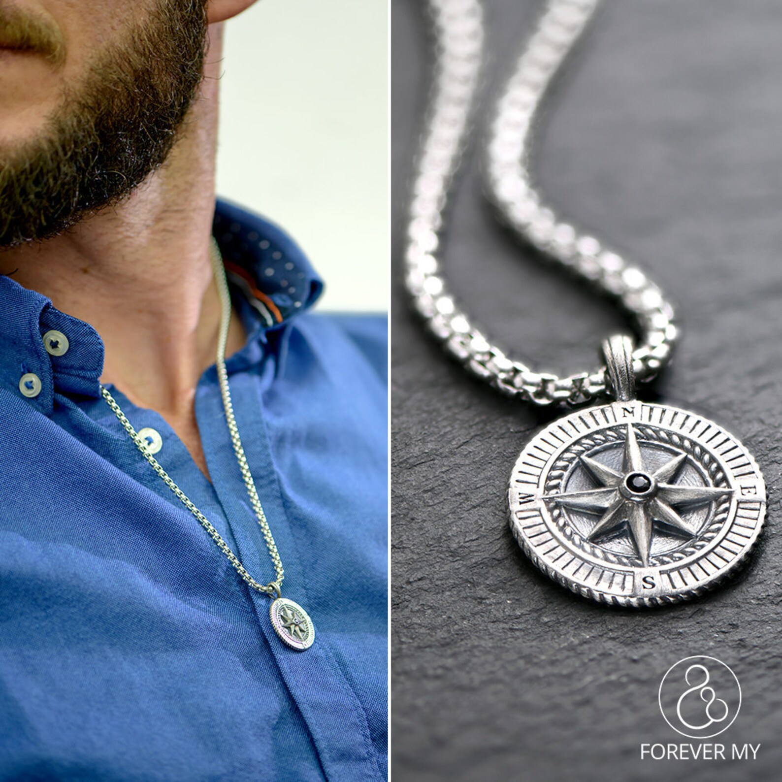 Engraved Silver Compass Pendant Necklace for Men - Etsy