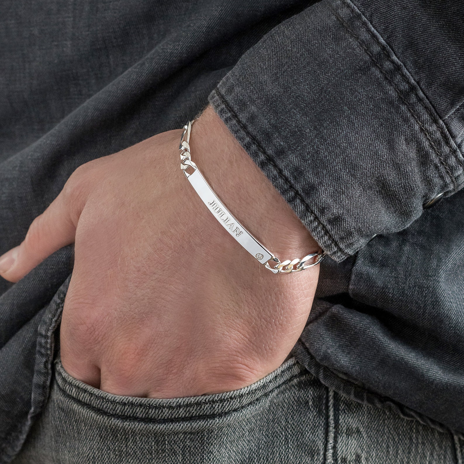 Custom Engraved Men's ID Bracelet With Diamond • Silver 925 / Gold ...
