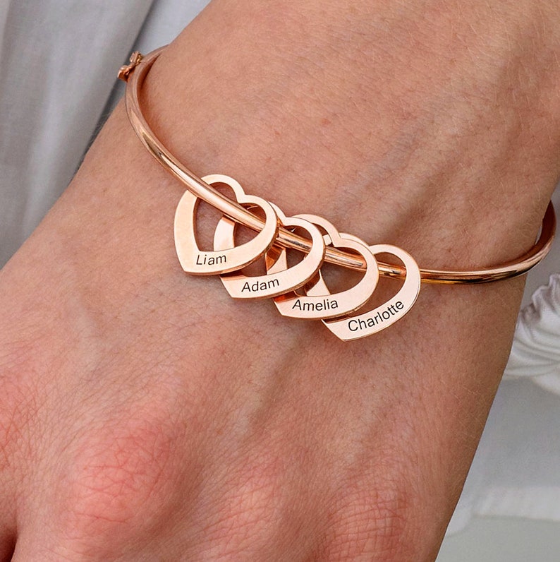 Personalized Gold Bangle Bracelet Heart Shape Pendants - Etsy