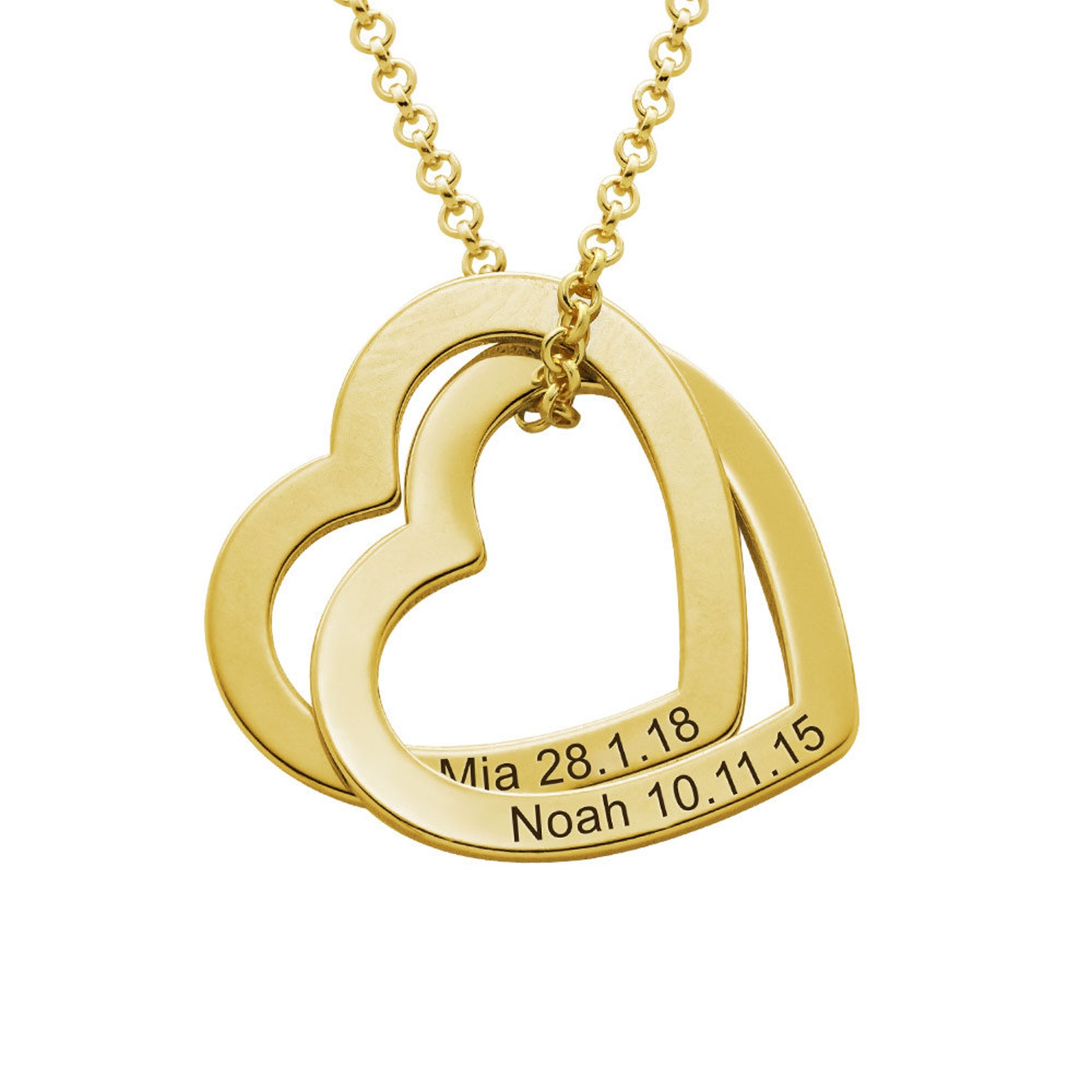 Custom Engraved Two Interlocking Hearts Gold Pendant Necklace - Etsy