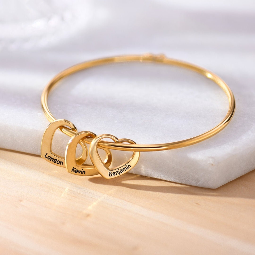 Personalized Gold Bangle Bracelet Heart Shape Pendants Sterling Silver ...