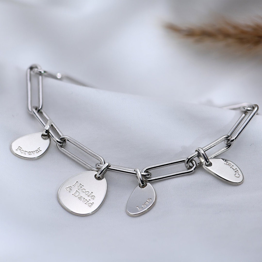 Engraved Charm Bracelet With Drop Pendants and Diamonds • Personalized ...
