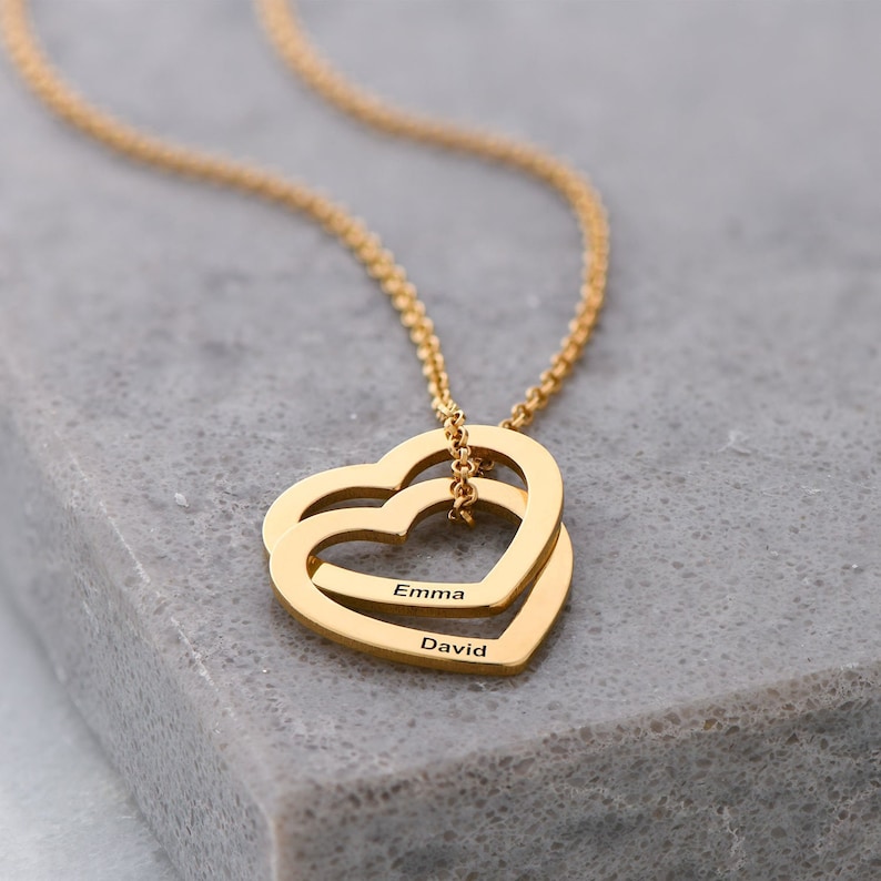 Custom Engraved Two Interlocking Hearts Gold Pendant Necklace ...