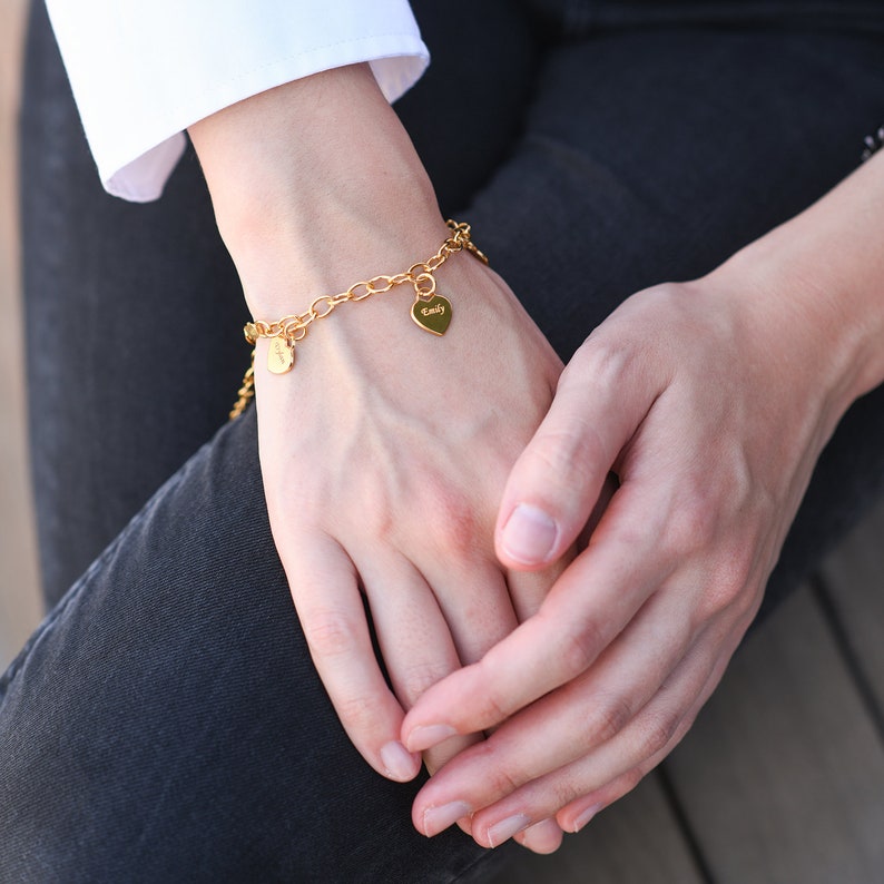 Custom Engraved Gold Heart Shaped Engraved Charm Bracelet ...