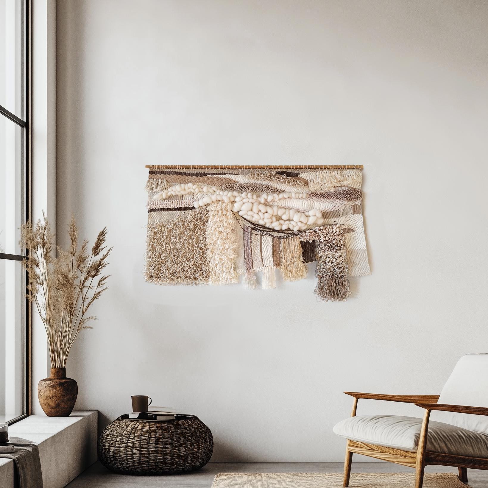 Horizontal Woven Wall Hanging in Earth Tones, Boho Neutral Beige ...