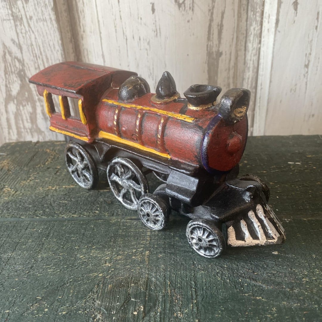 Vintage Red Cast Iron Steam Engine Train With Cattle Catcher Hand ...
