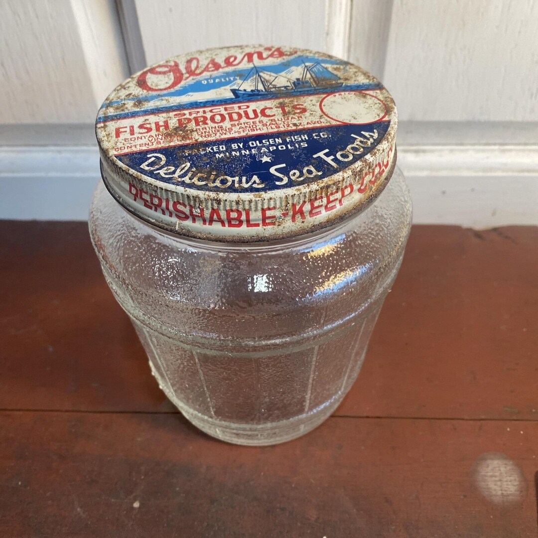 Vintage Olsen Fish Herring Glass Jar Minneapolis MN Metal Lid Olsen's ...