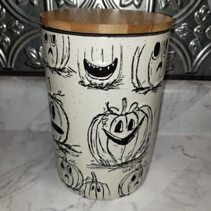 Eli + Ana Ceramic Pumpkin Jack O'lantern Faces Canister Wood Lid ...