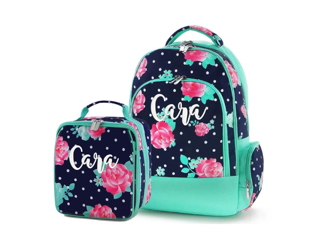 Personalized Girls Backpack | Navy and Mint Floral Pattern | Custom ...